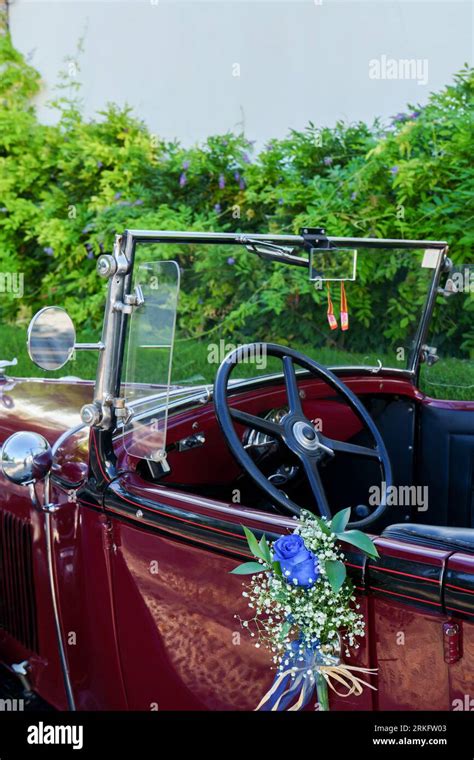 Antique Vintage Wedding Car Decorated With Flowers Prepared To Take The