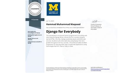 Hammad Maqsood On Linkedin Completion Certificate For Django For Everybody