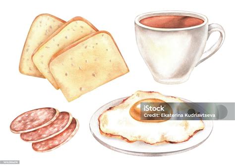 아침 식사 음식 세트입니다 차 커피 계란후라이 소시지 치즈 빵 수채화 그림입니다 손으로 그린 클립 아트가 흰색 배경에 분리되어