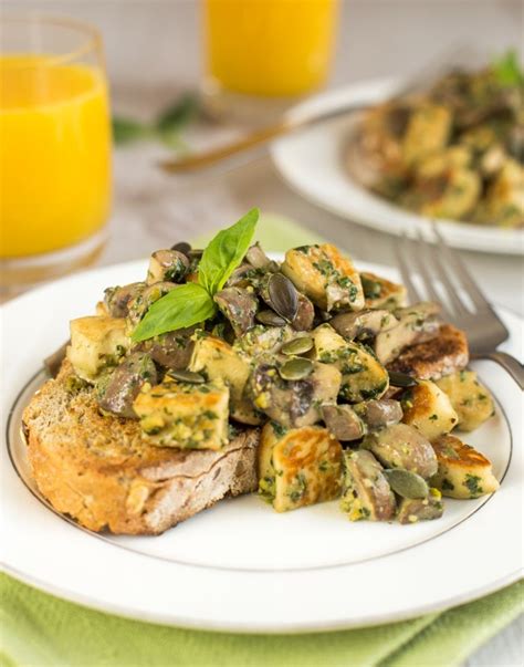 Creamy Pesto Mushrooms And Halloumi On Toast Easy Cheesy Vegetarian