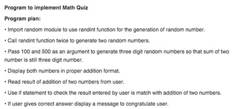 Solved Program To Implement Math Quiz Program Plan • Import