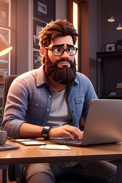 Premium Ai Image Bearded Guy Sitting In Front Of Laptop Man Work On Computer Freelancer 3d