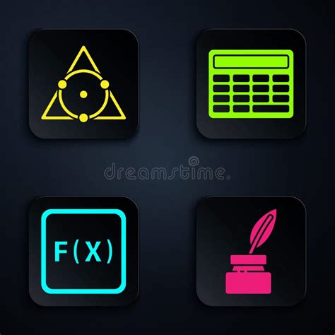 Set Feather And Inkwell Triangle Math Function Mathematical Symbol And Calculator Black