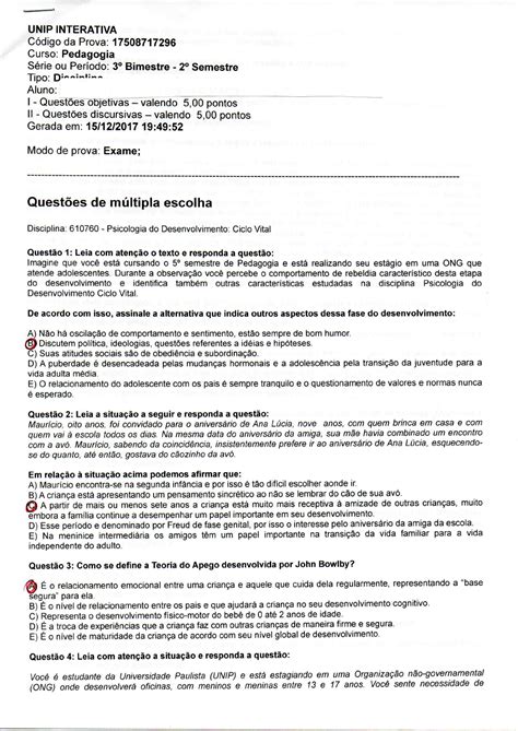 Prova Psicologia Do Desenvolvimento Ciclo Vital Unip Corrigida