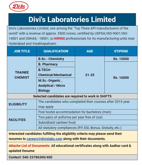 Divis Laboratories Recruitment For Freshers At Hyd Vizag Send Cv