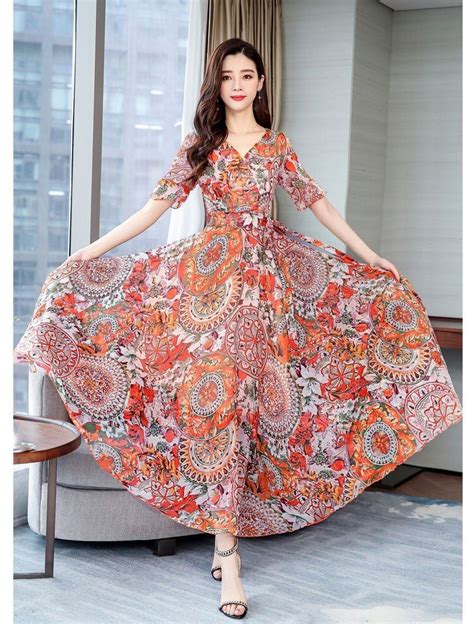 Boho Chiffon Dress Boho Maxi Print Chiffon Maxi Sundress Bohemian