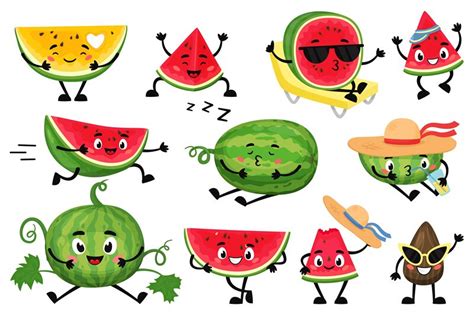Cartoon Watermelon Characters Funny Juicy Fruit With Cute Faces Hand