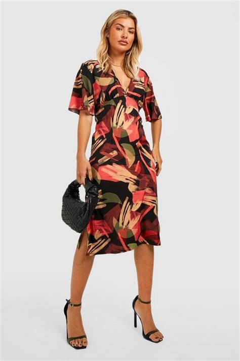 Printed Angel Sleeve Midi Dress Boohoo Usa