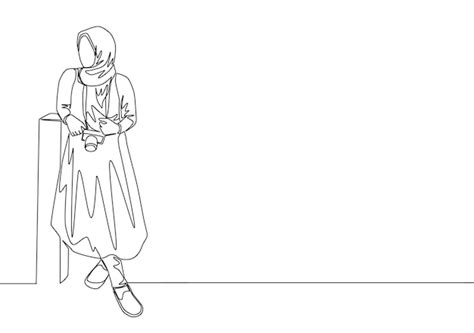 작은 가방을 들고 쇼핑하러 가는 뷰티 무슬림의 한 줄 그림 트렌디한 히잡 패션 프리미엄 벡터