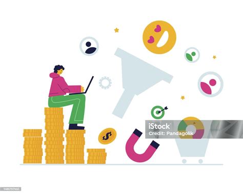 리드 생성 깔때기의 개념 신규 고객 유치 수익 창출 및 전환에 대한 은유입니다 개념에 대한 스톡 벡터 아트 및 기타 이미지