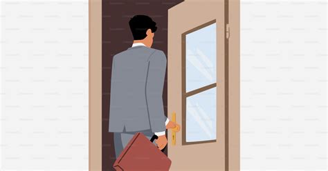 정장을 입은 사업가가 열린 문으로 들어가고 남성 캐릭터가 흰색 배경에 고립된 사무실 출입구로 들어선다 새로운 기회 경력 향상 삶의 변화 만화 사람들 벡터