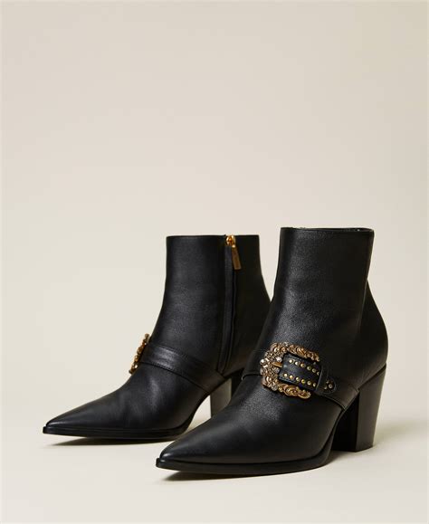 Botines Texanos De Piel Con Hebilla Mujer Negro TWINSET Milano