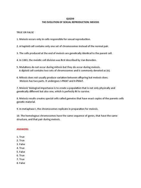 Quiz 9 Evolution Of Sexual Reproduction Meiosis Pdf Meiosis