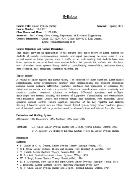 Syllabus Linear System Theory 2019 Spring Pdf Eigenvalues And