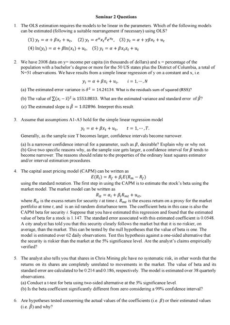 Seminar 2 Question Seminar 2 Questions The Ols Estimation Requires The Models To Be Linear In
