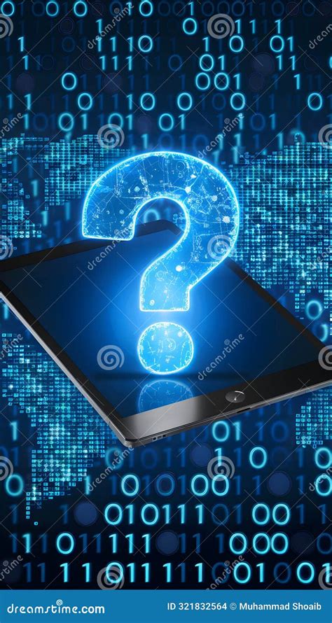 Digital Device With Glowing Question Mark On Screen Surrounded By Binary Numbers Stock