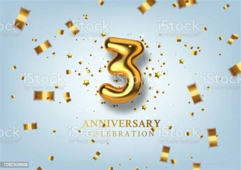 3주년 기념 행사 황금 풍선의 형태로 번호 사실적인 3d 골드 숫자와 반짝이는 색종이 뱀 생일 또는 결혼식 이벤트에 대한 수평 템플릿 벡터 그림입니다 3에 대한 스톡 벡터