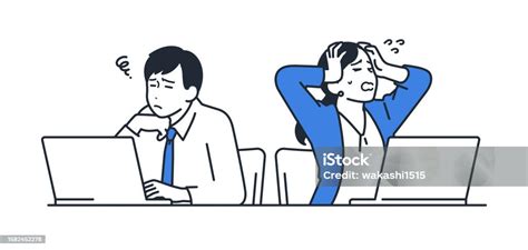 Pc 앞에서 걱정하는 두 명의 직장인의 간단한 벡터 일러스트레이션 자료 20 29세에 대한 스톡 벡터 아트 및 기타 이미지 20 29세 30 39세 걱정하는 Istock