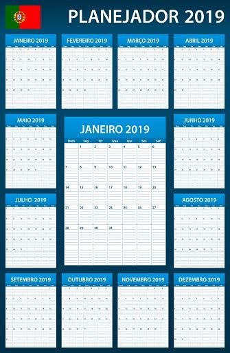 포르투갈어 도우미 2019에 대 한 빈입니다 스케줄러 일정 또는 일기 템플릿 주는 월요일에 시작 0명에 대한 스톡 벡터 아트 및