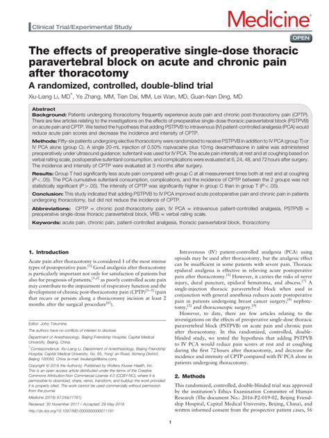 Pdf The Effects Of Preoperative Single Dose Thoracic Paravertebral Block On Acute And Chronic
