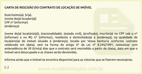 Modelo De Carta De Rescisão Do Contrato De Locação De Imóvel