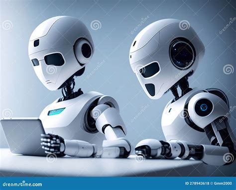 Android Robot Cyborg Two Robots Sitting And Working Using Tablet