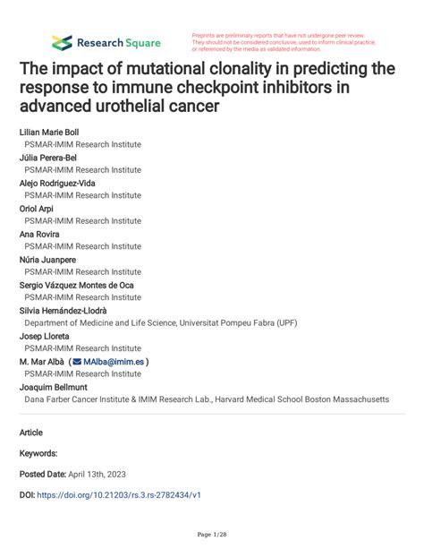 Pdf The Impact Of Mutational Clonality In Predicting The Response To Immune Checkpoint