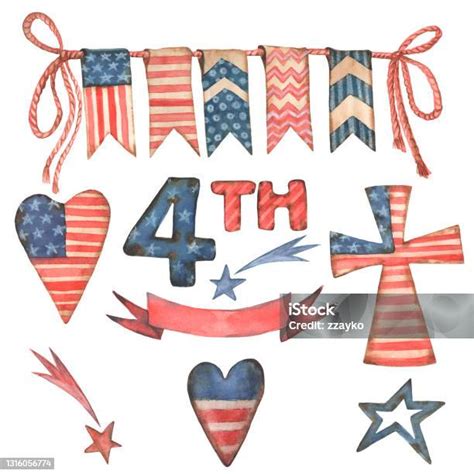 7월 4일 클립아트 미국 미국 국기의 수채화 수공예 일러스트레이션 애국 스타일의 별과 줄무늬 빨간색과 파란색 색상의 요소 세트 스크랩 북을위한 화이트 배경 오버레이 11월에