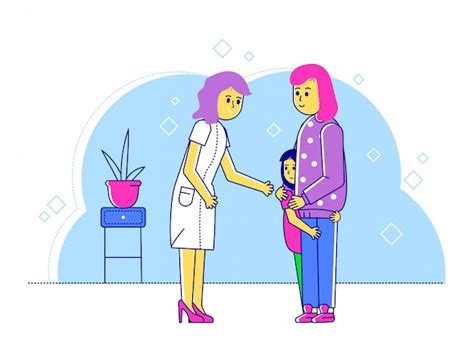 선 의사 소아과 의사 그림 만화 행복 한 어머니와 아이 소년 캐릭터 진료 전문가 방문 프리미엄 벡터