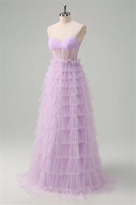 Zapaka Women Light Purple Corset Long Prom Dress With Ruffles Tiered A