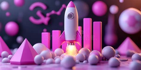 3d Rocket Launching With Business Growth Graph And Geometric Shapes