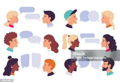 말하기 사람들 커플 대화 대화 거품 및 채팅 아바타 프로필 초상화 이야기 함께 벡터 일러스트 세트 Brand Name Online Messaging Platform에 대한