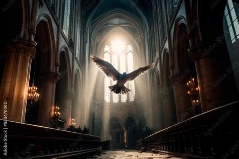 A White Dove Flies In The Cathedral To Symbolise The Holy Spirit And