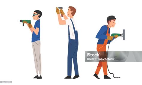 핸디맨 또는 해결사 로 숙련 된 사람 와 드릴 과 망치 참여 홈 수리 작업 벡터 세트 개선에 대한 스톡 벡터 아트 및 기타
