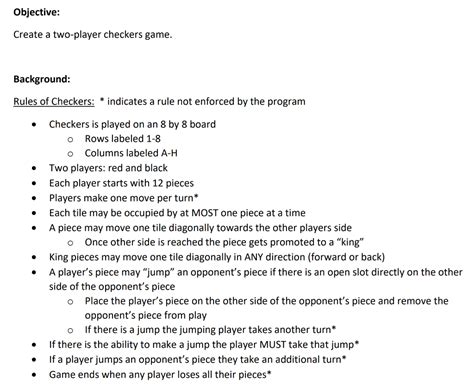 Solved Objective Create A Two Player Checkers Game