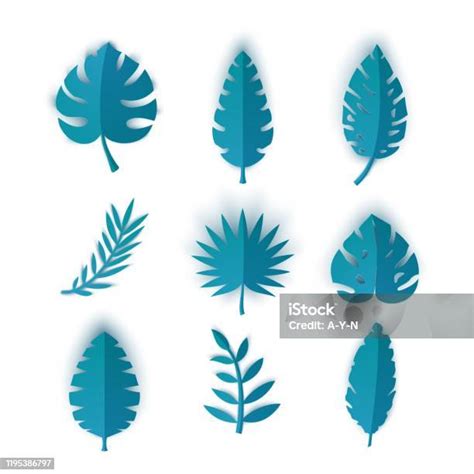 종이 컷 스타일의 파란색 여름 열대 잎 세트 흰색 배경에 공예 정글 네온 컬러 식물 컬렉션 벡터 카드 그림입니다 0명에 대한 스톡 벡터 아트 및 기타 이미지 Istock