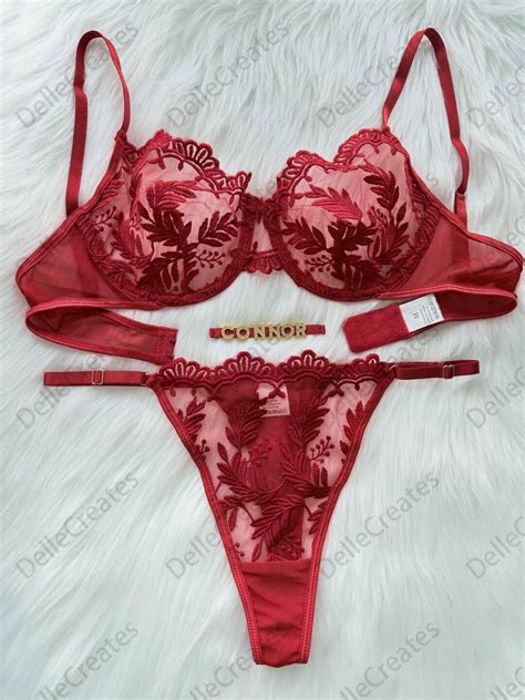 Custom Name Thong Flower Mesh Embroidery Gathered Lingerie Set Custom
