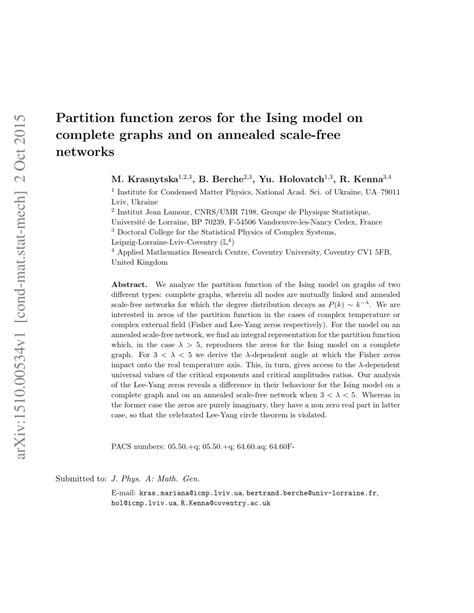 Pdf Partition Function Zeros For The Ising Model On Complete Graphs And On Annealed Scale Free