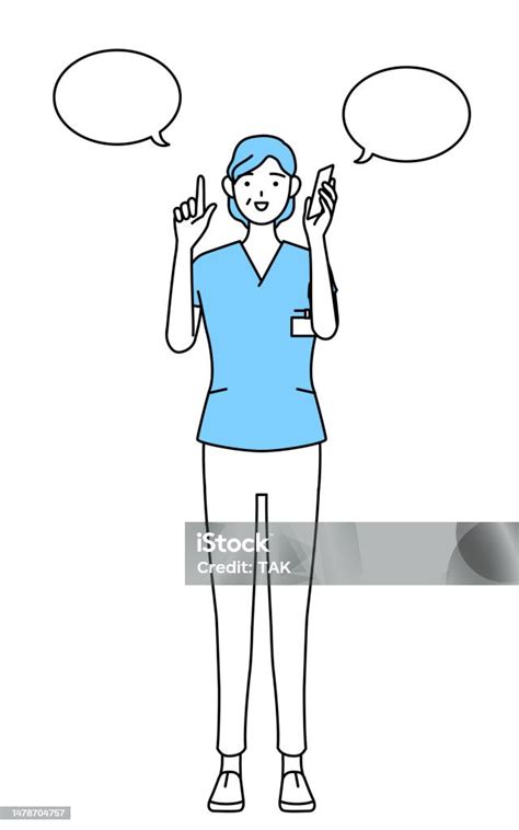 중년 수석 여성 간호사 물리 치료사 작업 치료사 언어 치료사 간호 조무사가 전화를 받는 동안 제복을 입고 가리키고 있습니다 가리키기에 대한 스톡 벡터 아트 및 기타 이미지
