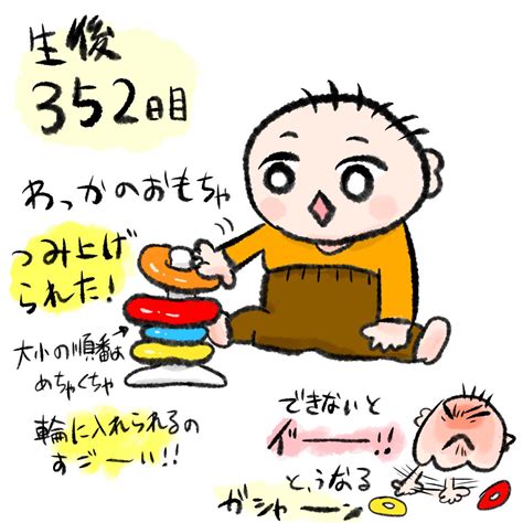 「ちょっと前までぶん投げるだけだったのに、急に輪っかに通して積み上げられるようになった器用うまくできないといーっ」まいころの漫画