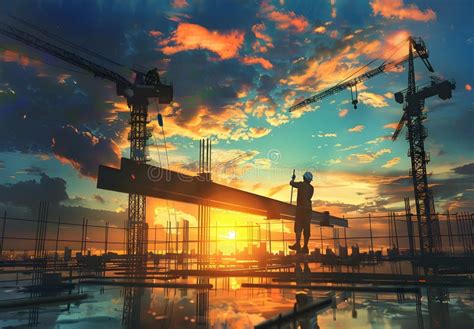 Construction Worker Carrying Steel Beam At Sunset Stock Illustration