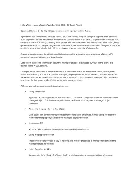 Hello World Using Vsphere Web Services Sdk Pdf Application Programming Interface Object