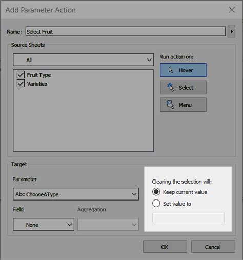 Parameter Actions Tableau
