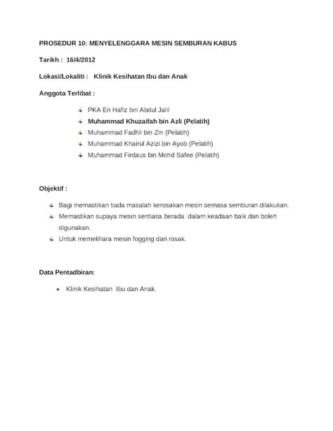 Docx Prosedur 10 Menyelenggara Mesin Semburan Kabus Dokumen Tips
