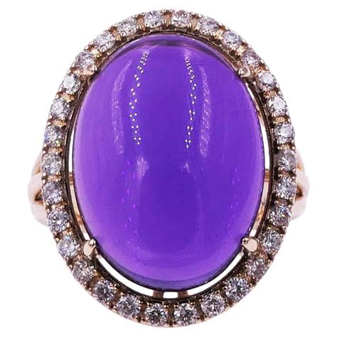 Purple Amethyst Cabochon Gemstone Halo Pave Diamonds 14 Karat Yellow