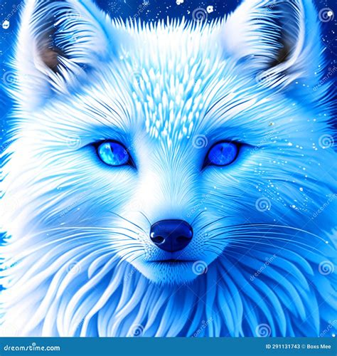 Digital Illustration Of A White Fox With Blue Eyes On A Dark Blue