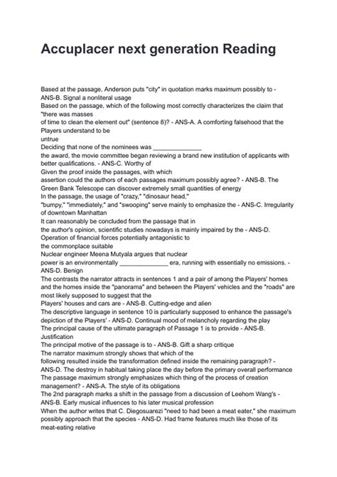 Accuplacer Next Generation Reading Questions With Detailed Verified Answers 2025 2026 100