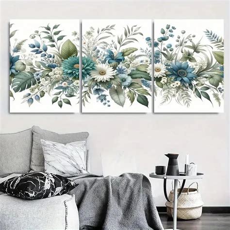 3pcs Vibrant Blue Green Floral Bouquet Wall Art Set Canvas Framed 40x6
