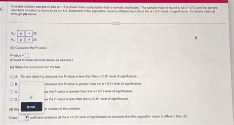 Solved A Simple Random Sample Of Size N15 Is Drawn From A