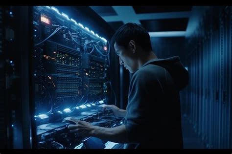 Premium Photo Portrait Of It Specialist Uses Laptop In Data Center